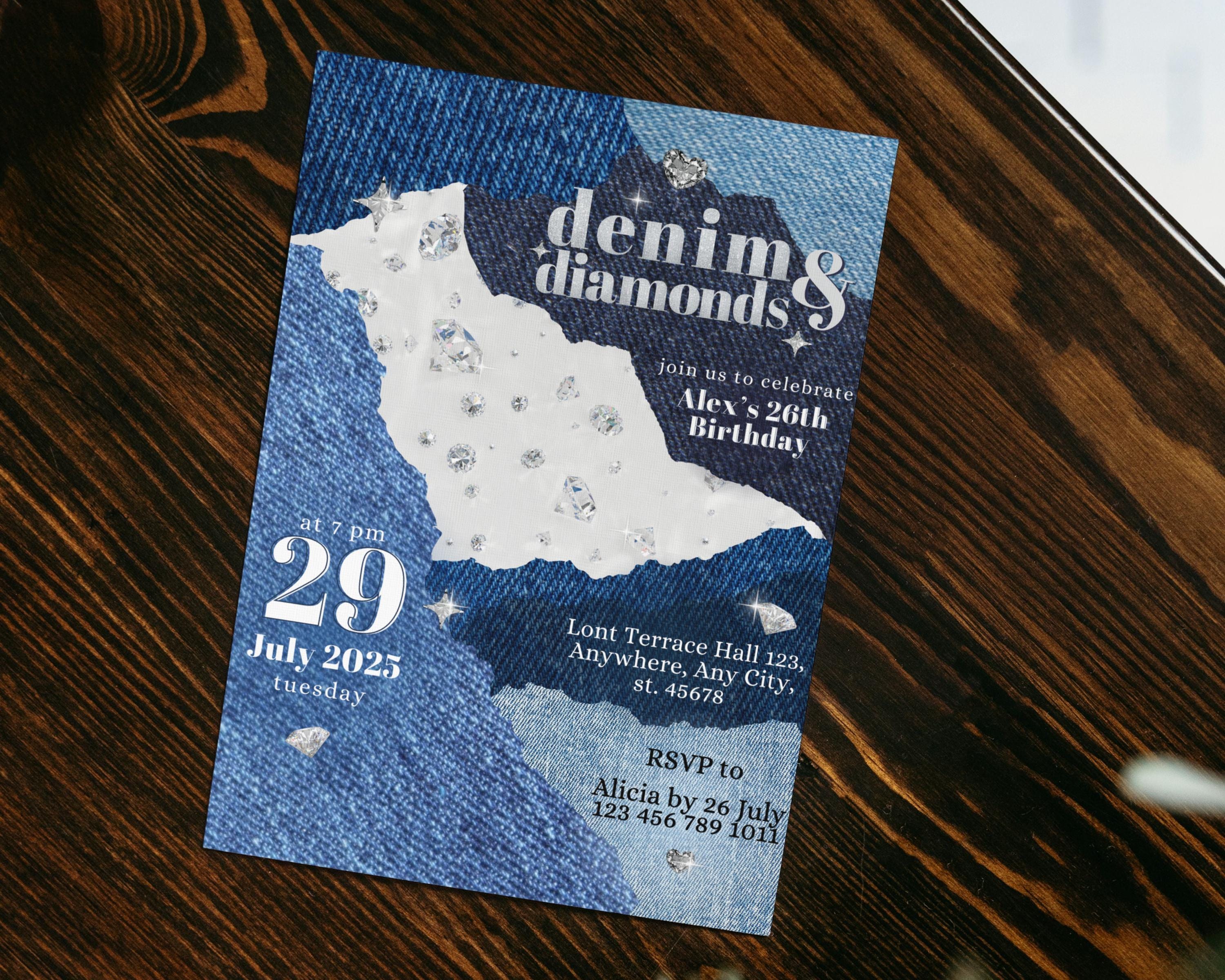 Denim and Diamond Birthday Invitation, Denim Diamonds Bday Party ...