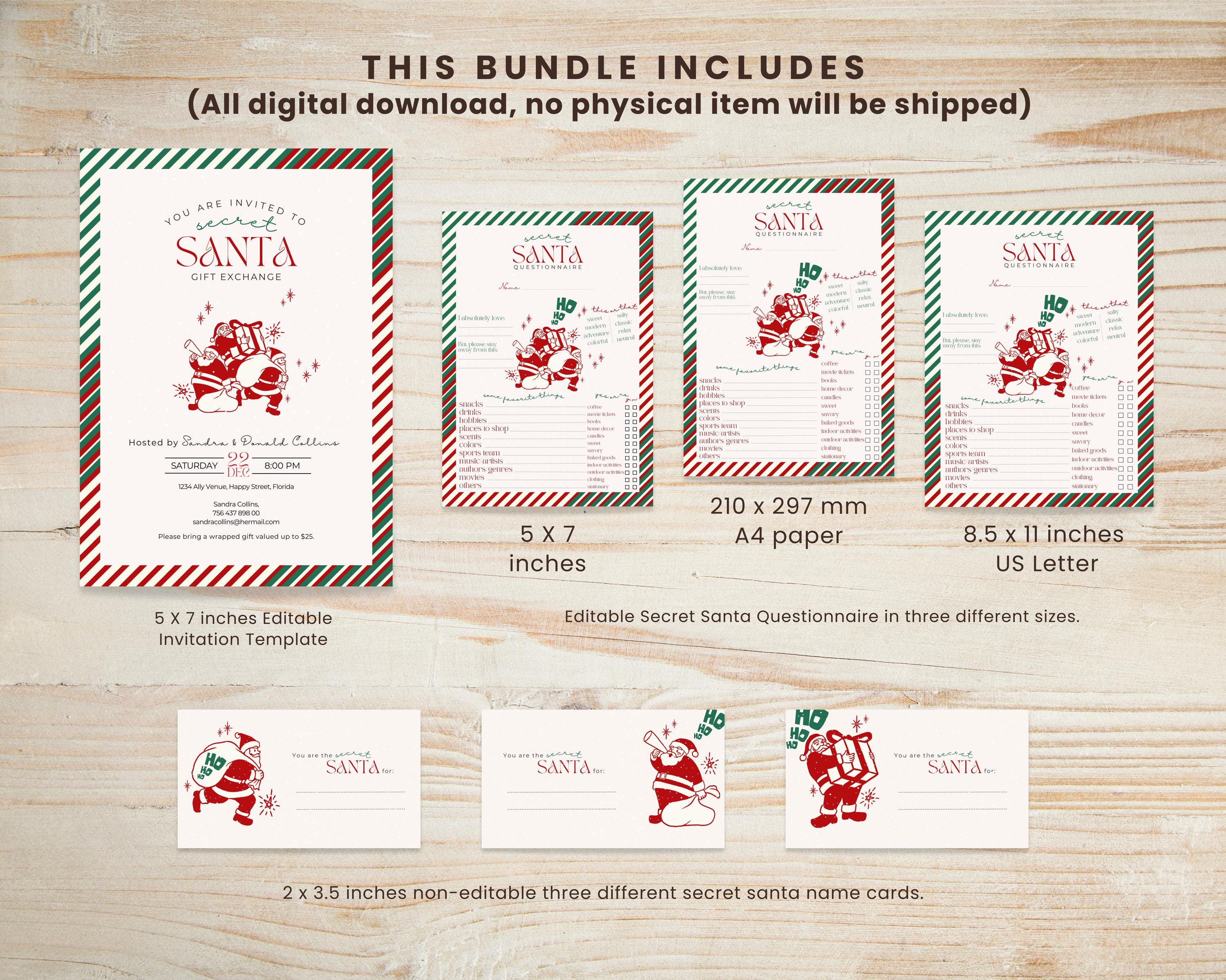 Secret Santa Questionnaire Bundle, Christmas Secret Gift Exchange Kit ...