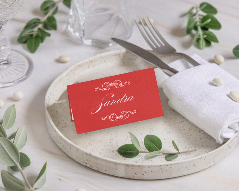 Printable Pink Red Bow Dinner Place Cards, Flat and Folded Dinner Name ...