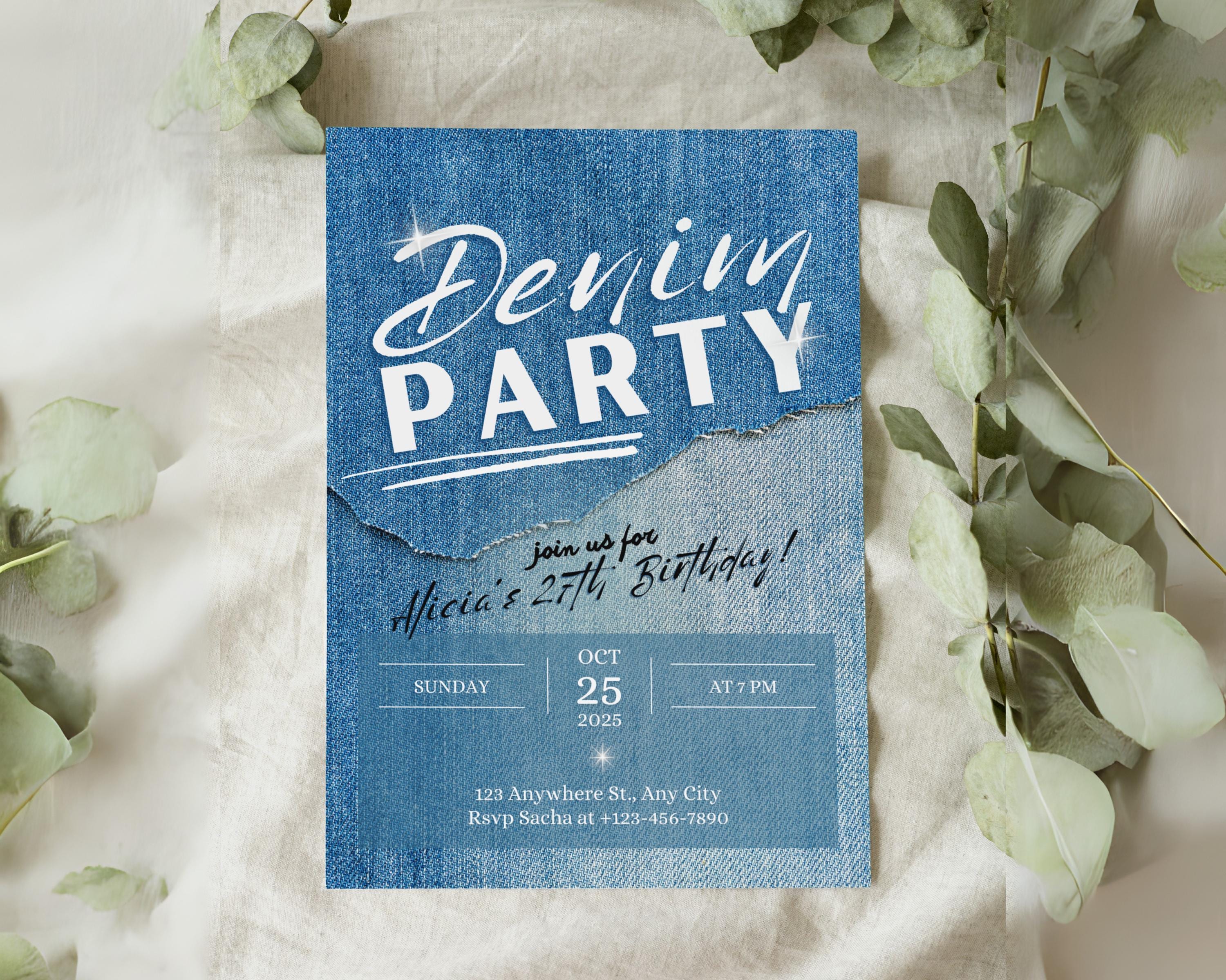 Denim Birthday Party Invite, Jean Bday Invitation, Blue Jeans and Bling ...