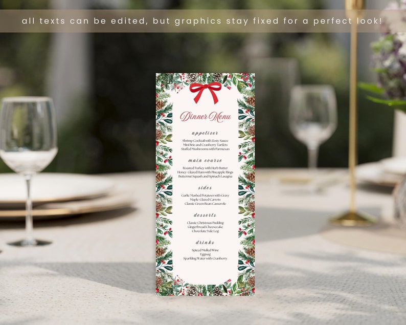 Christmas Winter Greenery Menu Template, Red Bow Menu Card, Christmas ...