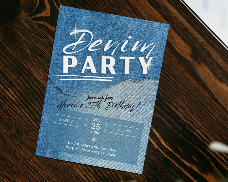 Denim Birthday Party Invite, Jean Bday Invitation, Blue Jeans and Bling ...