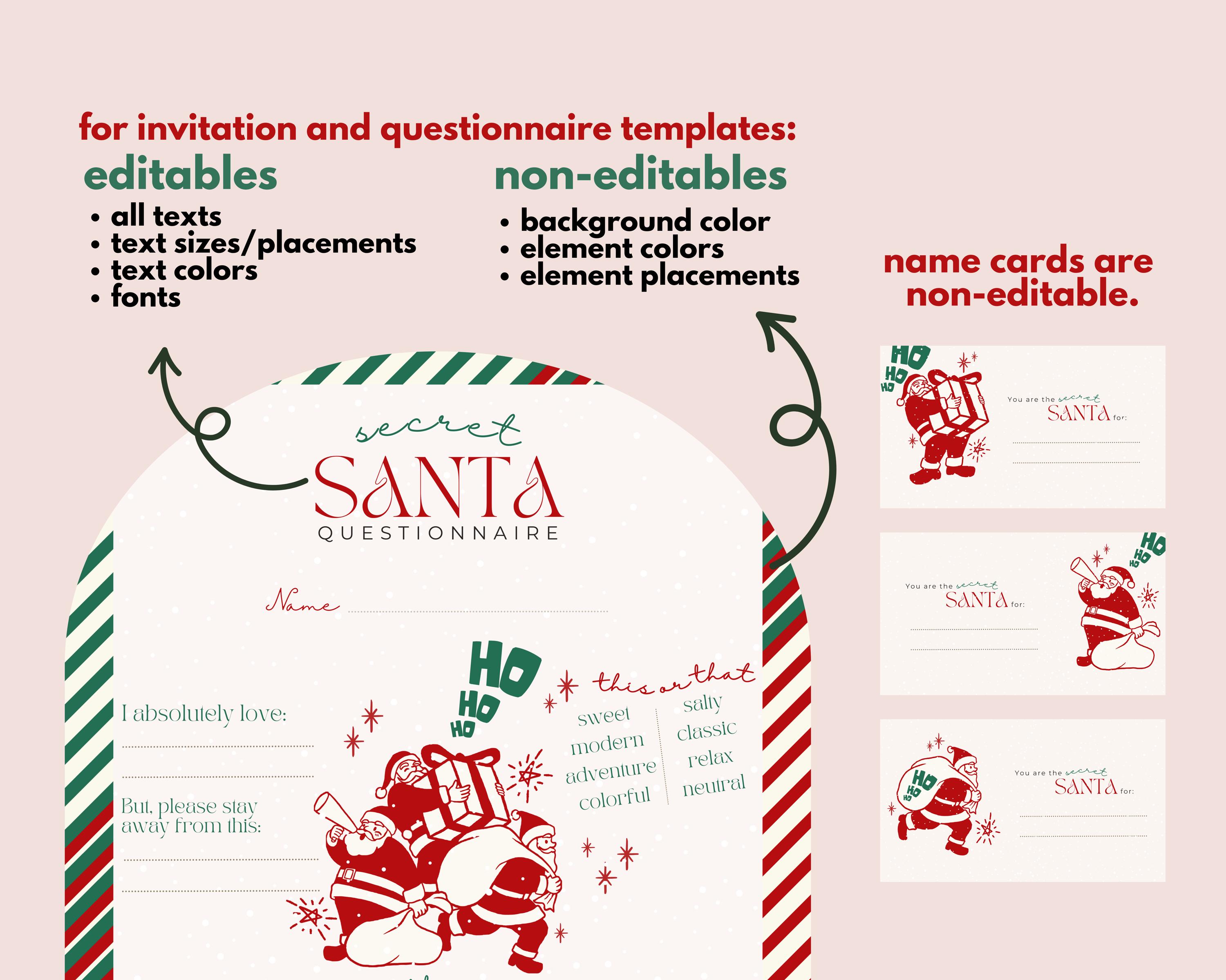 Secret Santa Questionnaire Bundle, Christmas Secret Gift Exchange Kit ...