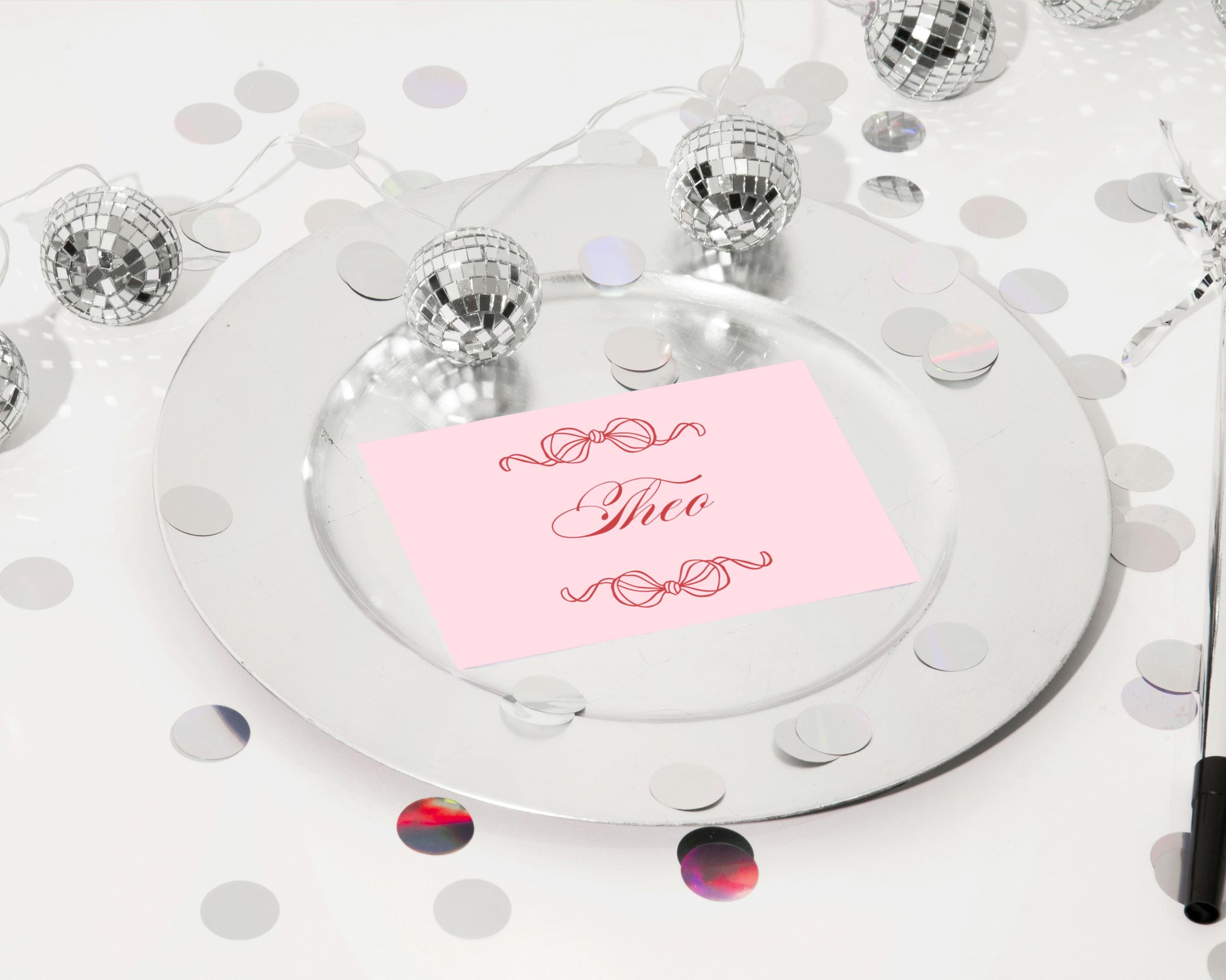 Printable Pink Red Bow Dinner Place Cards, Flat and Folded Dinner Name ...