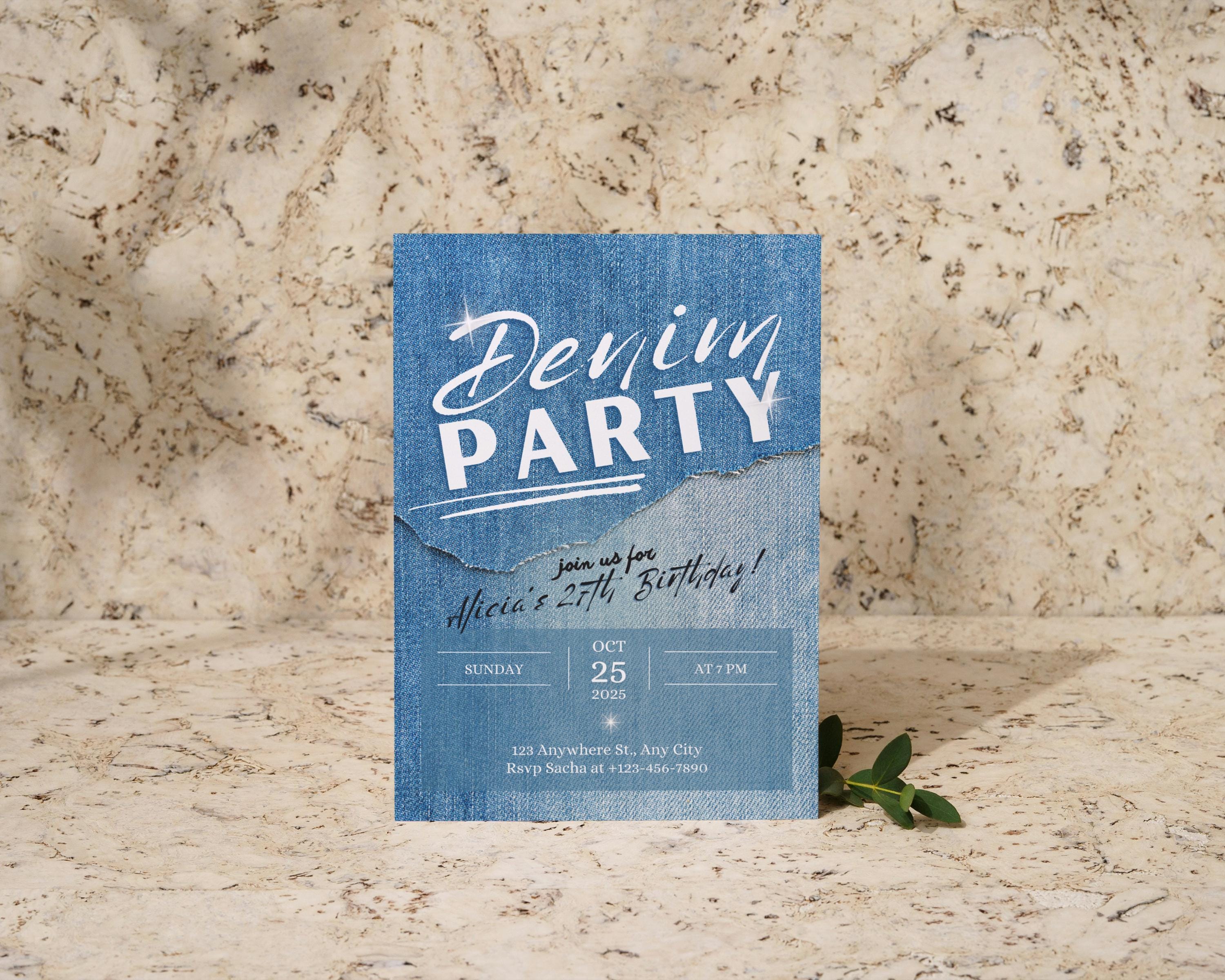 Denim Birthday Party Invite, Jean Bday Invitation, Blue Jeans and Bling ...