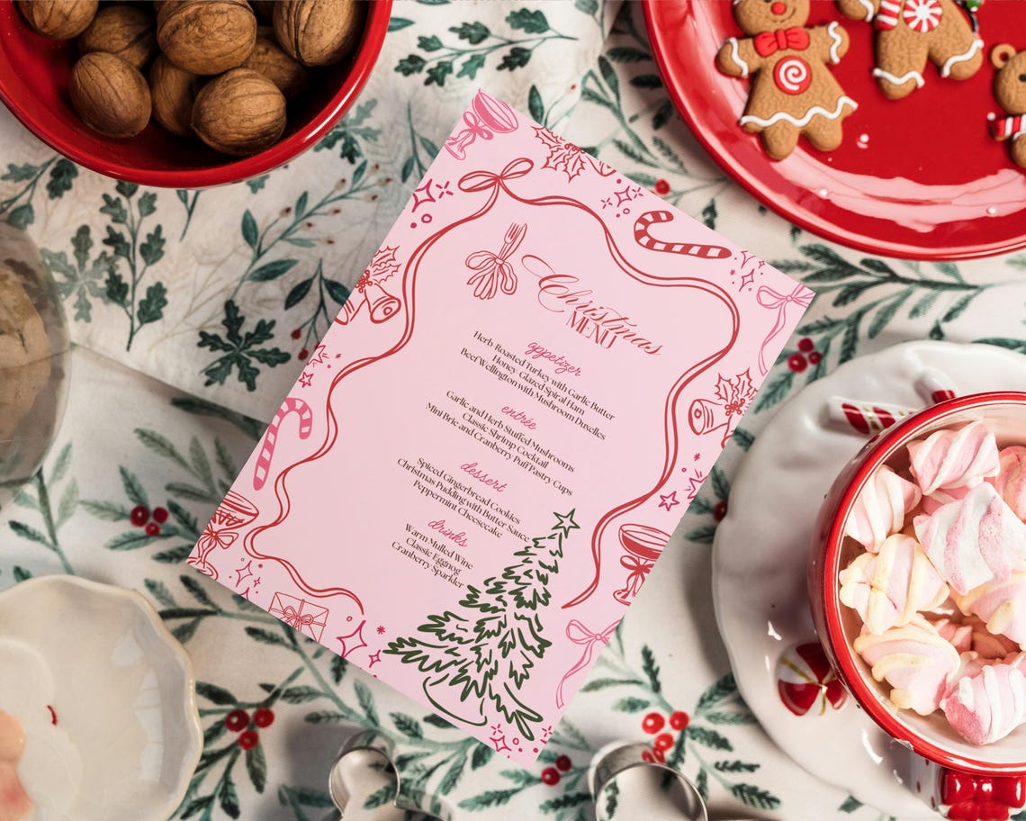 Pink Christmas Menu Template, Christmas Dinner Menu, Christmas Party ...