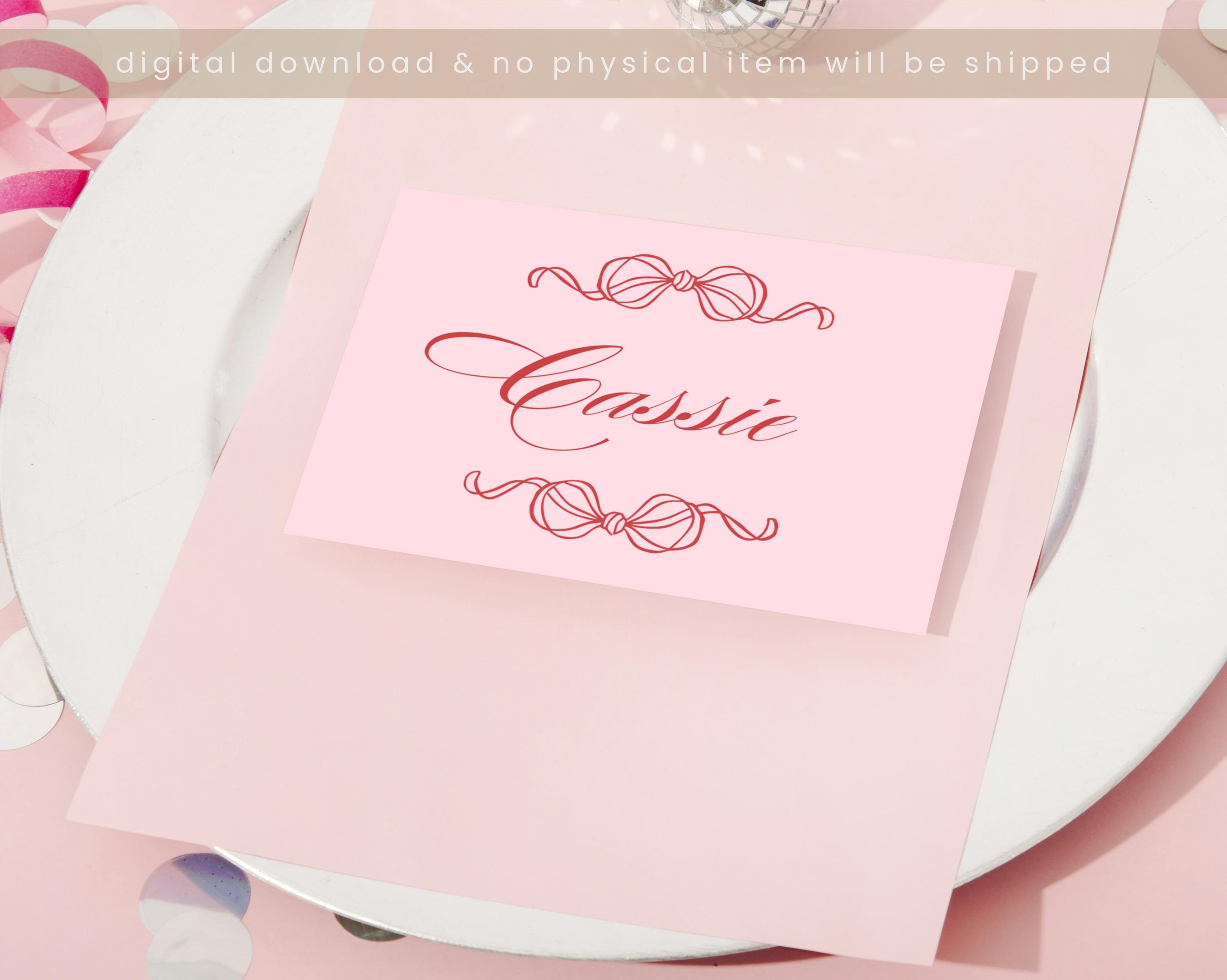 Printable Pink Red Bow Dinner Place Cards, Flat and Folded Dinner Name ...