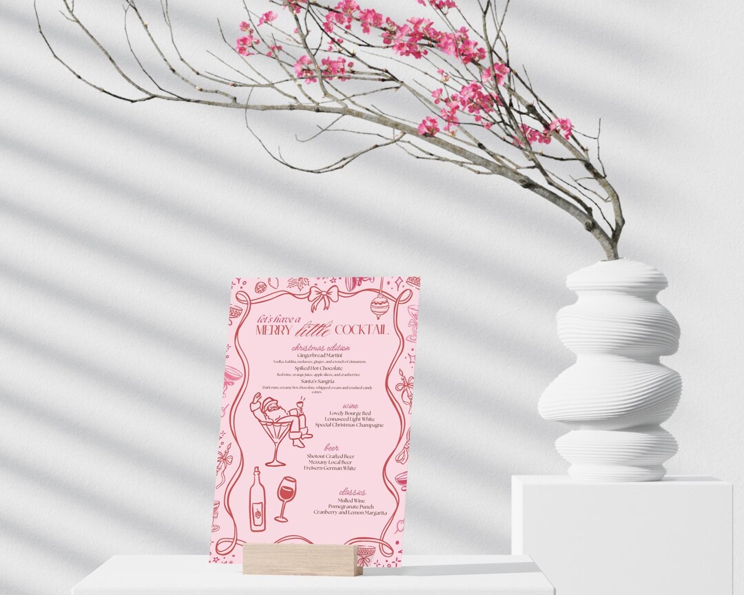Christmas Bar Menu Card, Hand Drawn Christmas Drink Menu, Pink ...