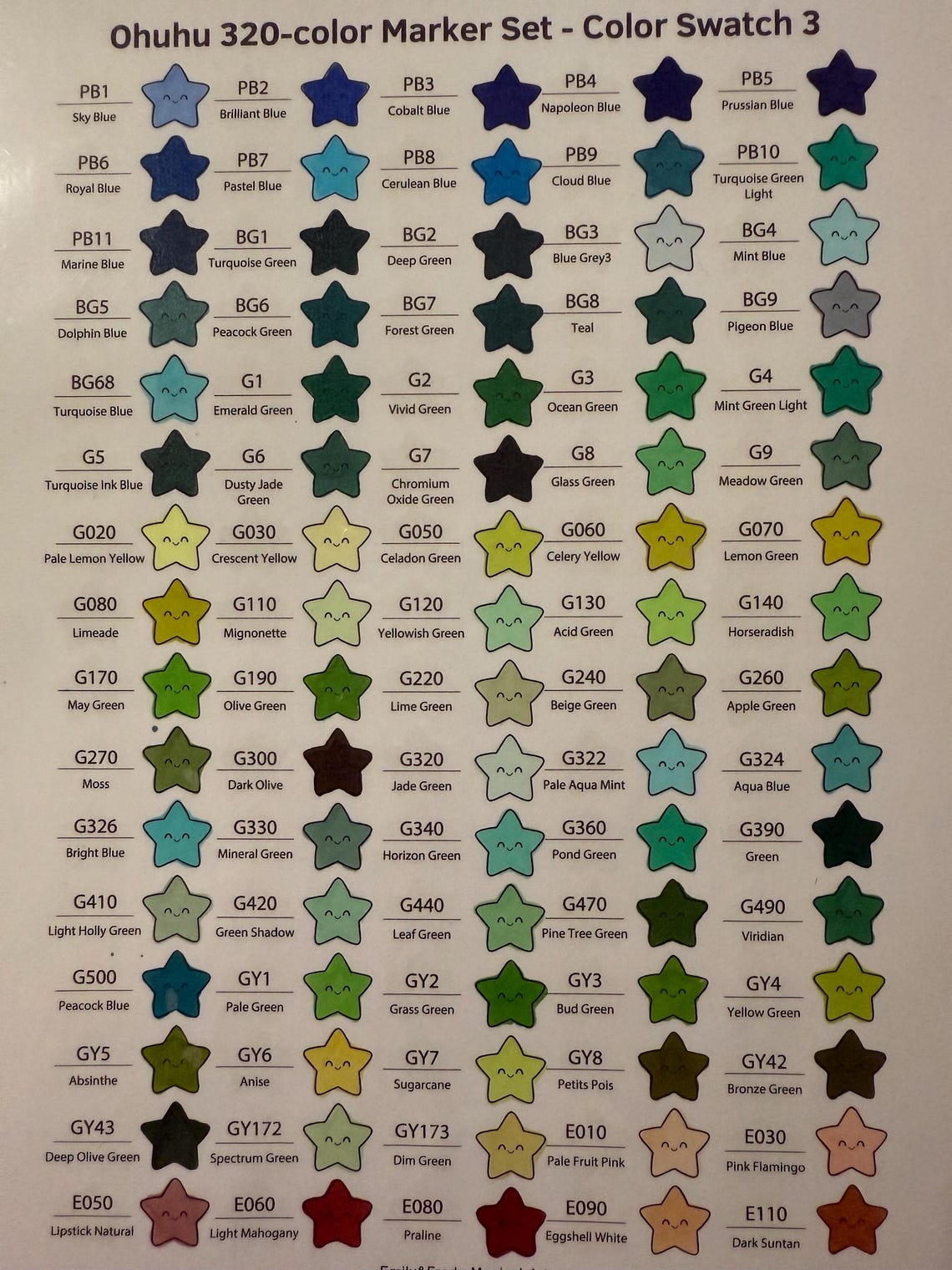 Ohuhu 320 Marker Set Swatch Charts - Etsy UK