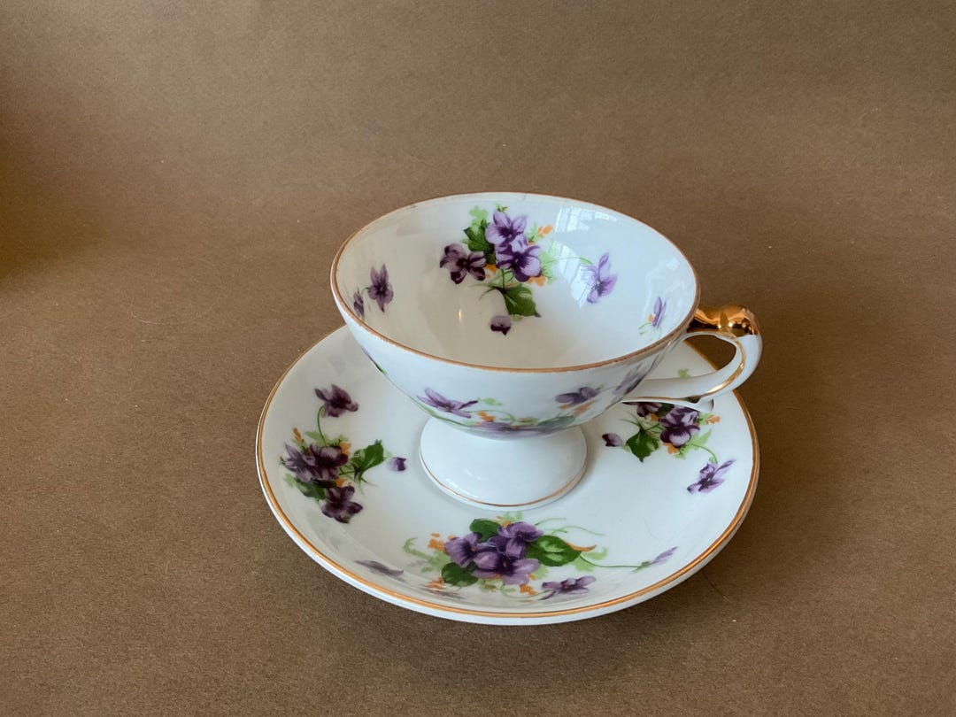 SAJI Fancy China Teacup and Saucer - Purple Violets With Gold Trim ...