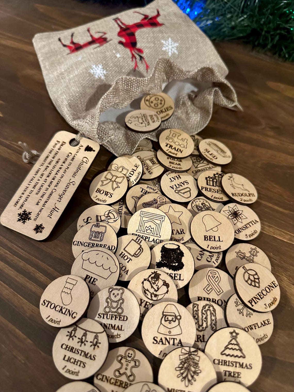 Wooden Christmas Scavenger Hunt Game: Holiday Tokens With Burlap Bag - Etsy