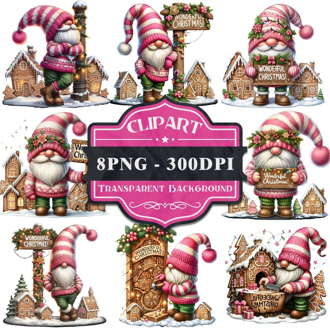 Gnome Holiday Clip Art: 8 PNG Designs, Transparent Background (digital ...