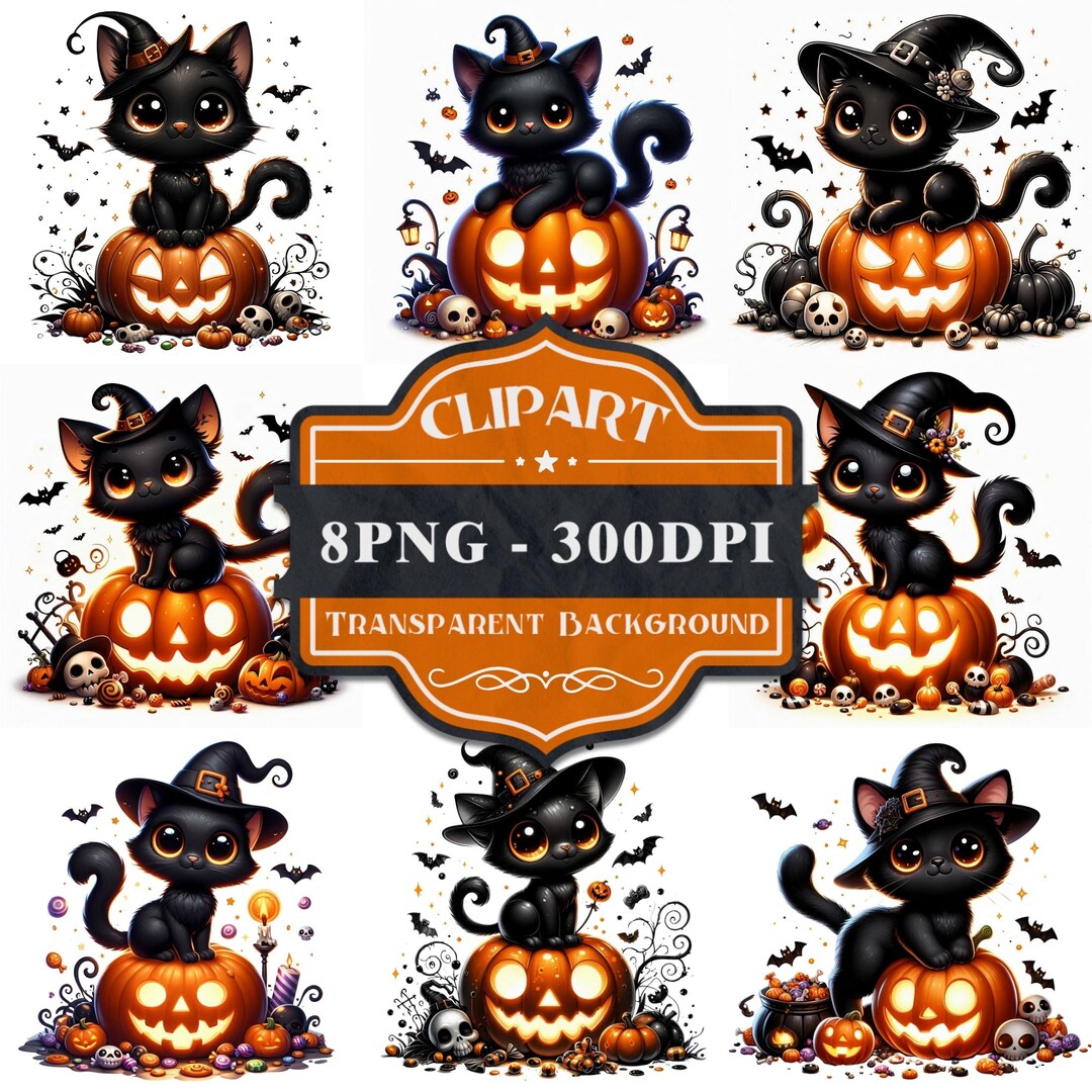 Halloween Witch Cat Clipart: 8 PNG Designs (300 DPI) - Etsy