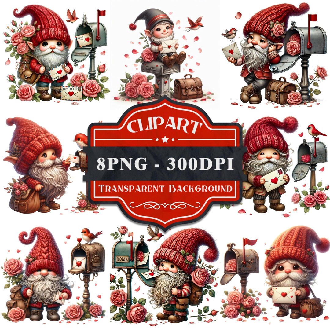 Valentine Mailman Gnome Clip Art | Set of 8 | Transparent Background ...