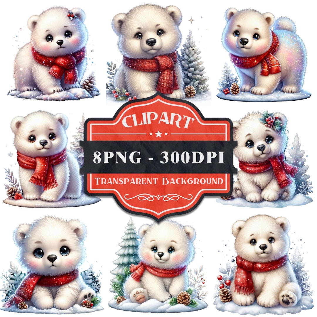 Cute Bear | Cozy Polar Bear Clip Art | Set of 8 | Transparent ...