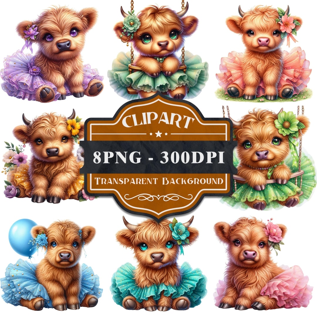 Cute Highland Cow Charm Clip Art | Set of 8 | Transparent Background ...