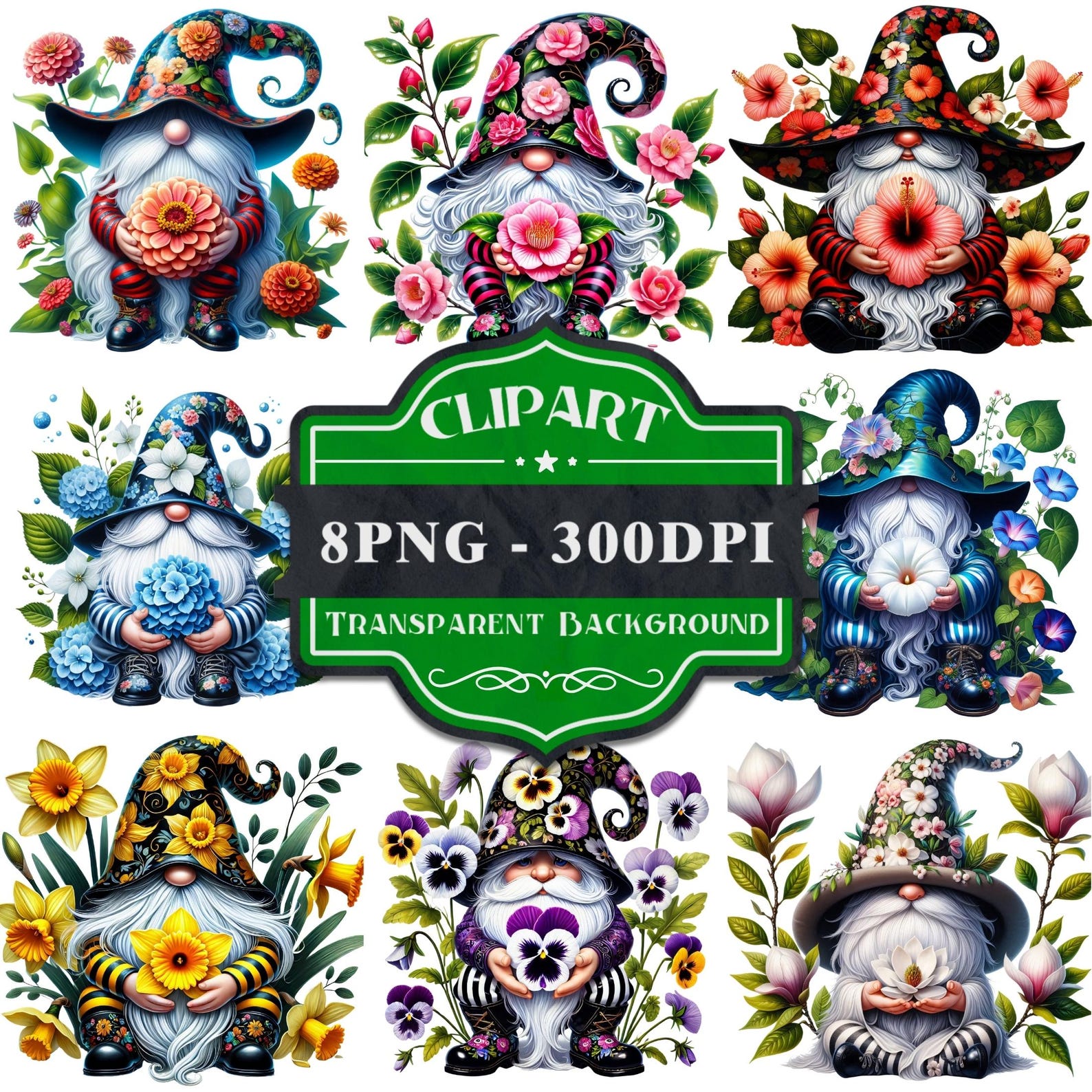 Floral Gnomes Clip Art| | Set of 8 | Transparent Background | High ...