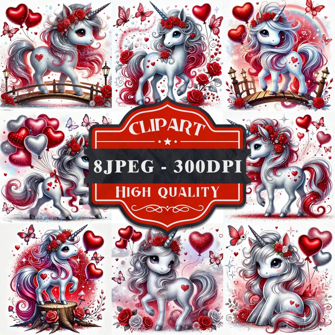 Silver Unicorn of Love Clip Art | Set of 8 | High Quality 300 DPI JPEG ...