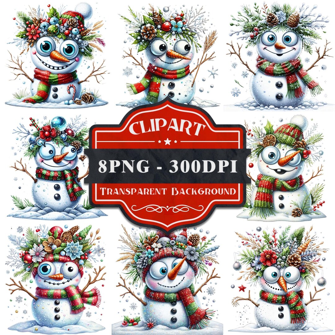 Quirky Snowman Winter Clip Art | Set of 8 | Transparent Background ...