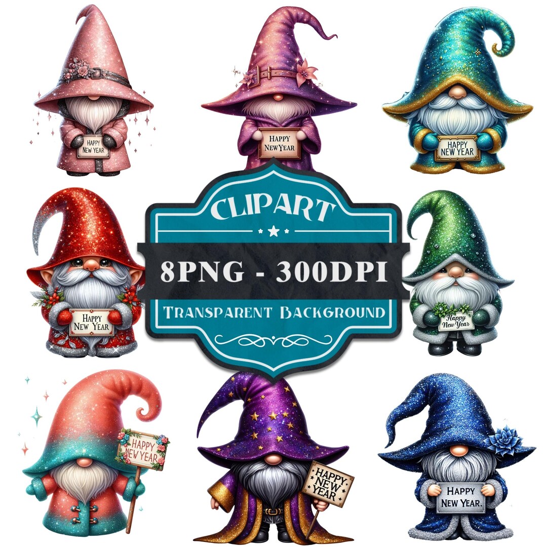 New Years Gnome Clip Art | Set of 8 | High Quality 300 DPI JPEG ...