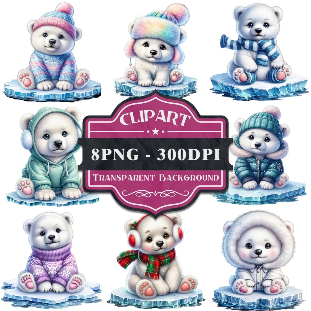 Cute Christmas Polar Bear Clip Art | Set of 8 | Transparent Background ...
