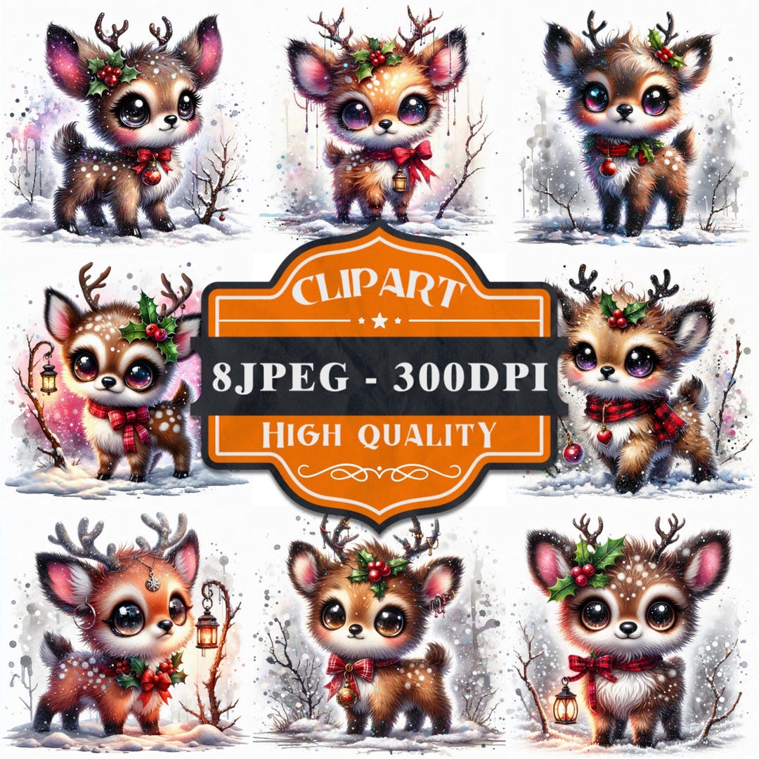 Cute Reindeer Holiday Clipart| Set of 8 | High Quality 300 DPI JPEG ...