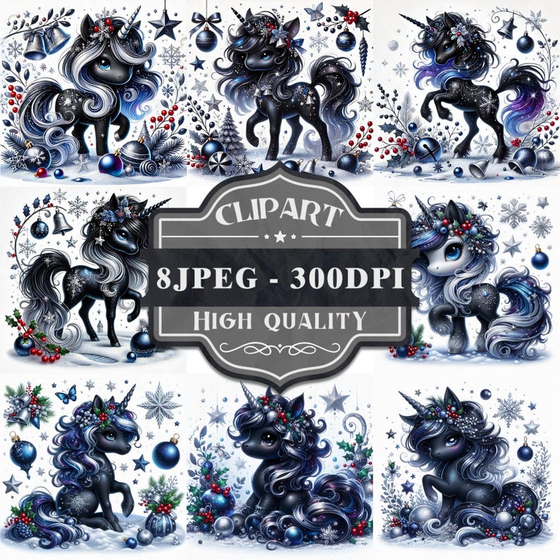 Midnight Christmas Unicorn Clipart| Set of 8 | High Quality 300 DPI ...