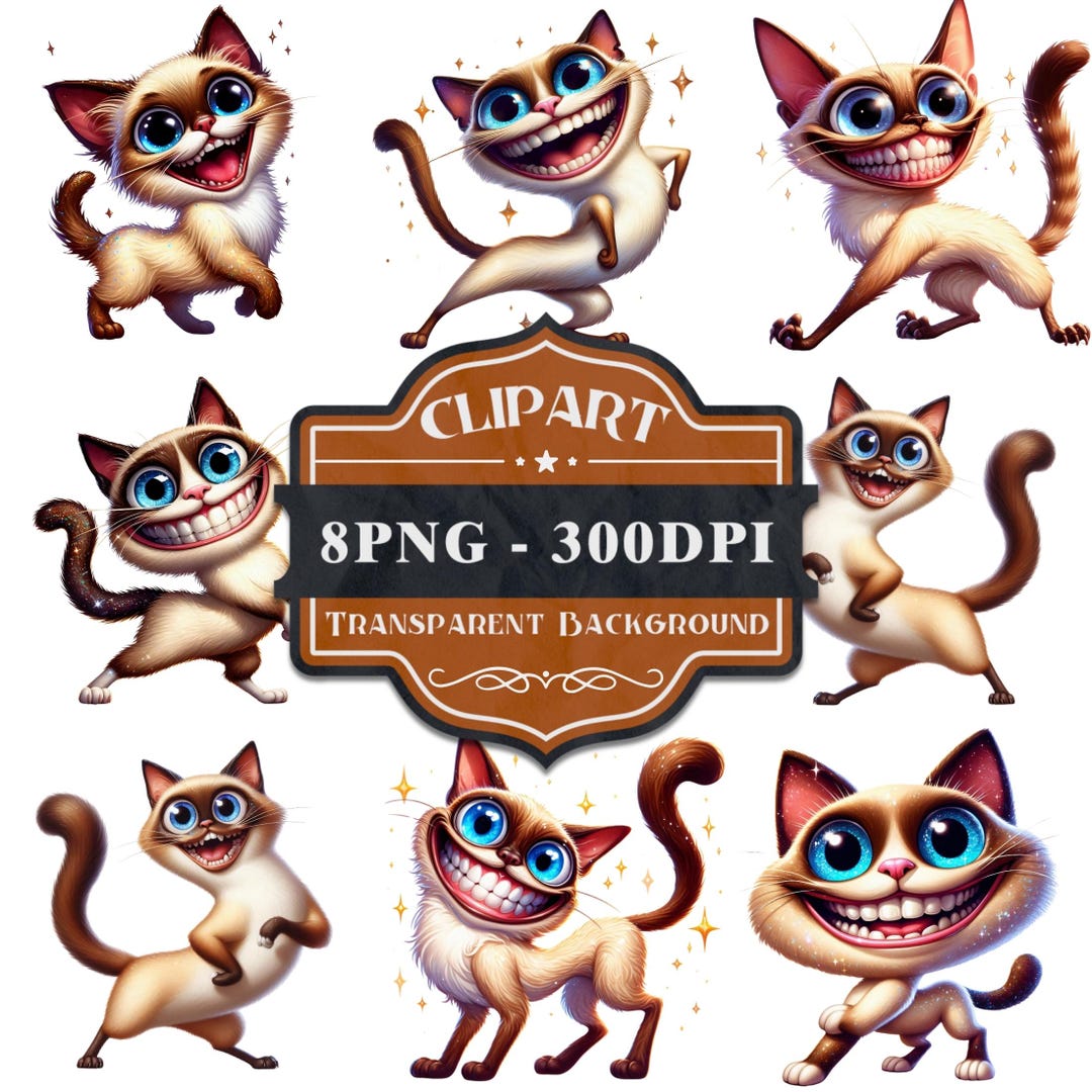 Quirky Siamese Cat Clip Art: 8 PNG Designs (300 DPI) - Etsy Canada