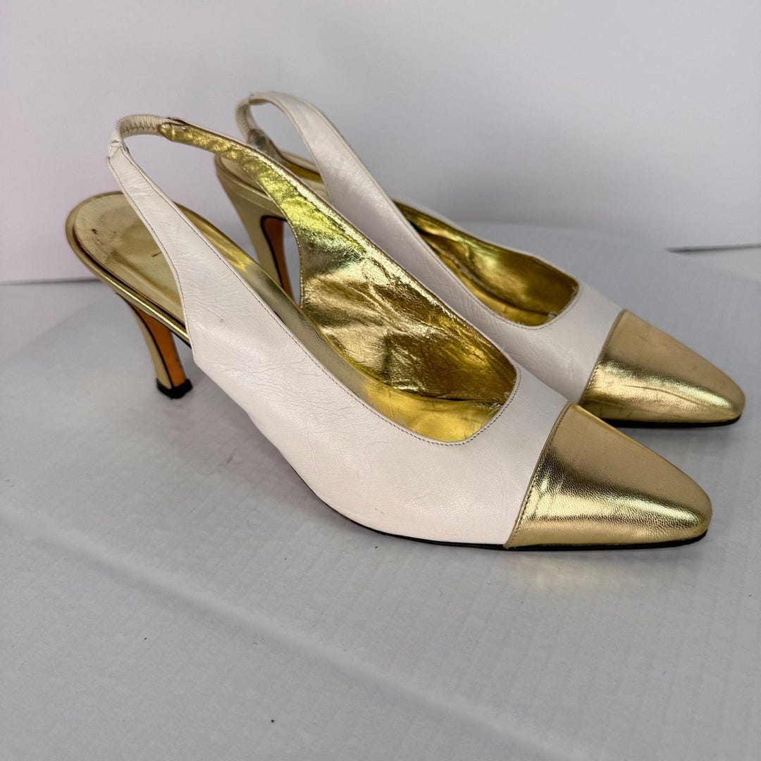 VTG Paloma Italy White Gold Toe Cap Slingback Pumps Sz 7.5 Old Money ...