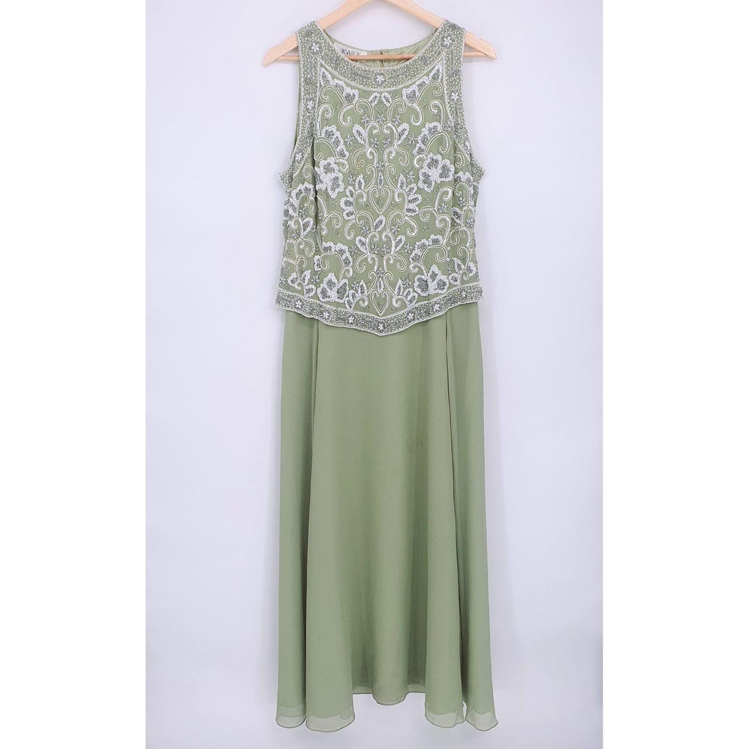 JKARA Sage Green Celery Beaded Sleeveless Formal Maxi Dress W/ Scarf Sz ...