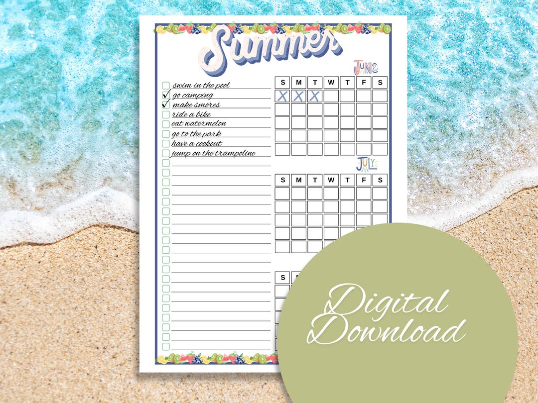 Blue Summer Calendar and Bucket List Poster | 18x24 Wall Art | Summer ...
