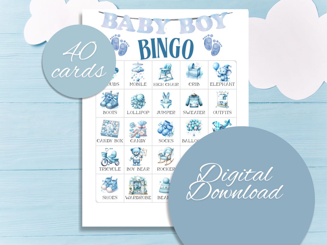 Baby Boy Shower Bingo Game: 40 Unique Cards (printable Download) - Etsy