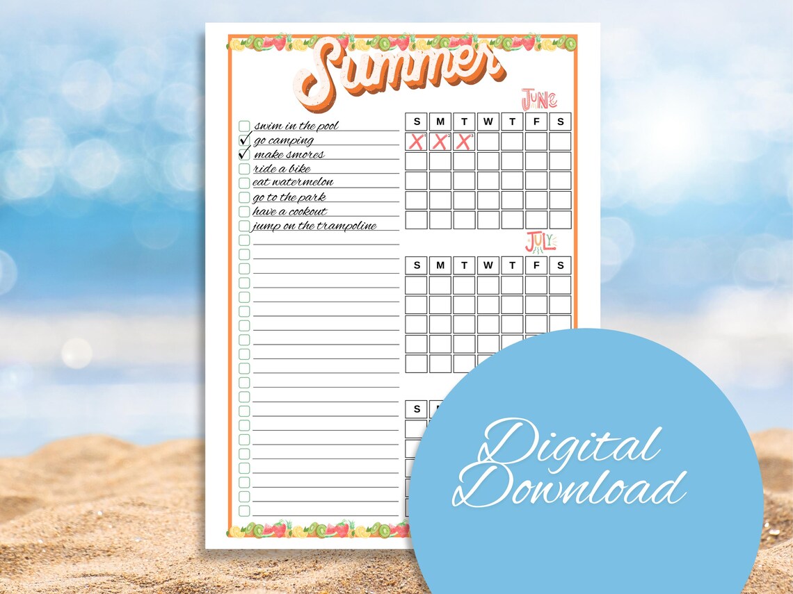Printable Summer Calendar & Bucket List: 18x24 Family Planner (digital ...