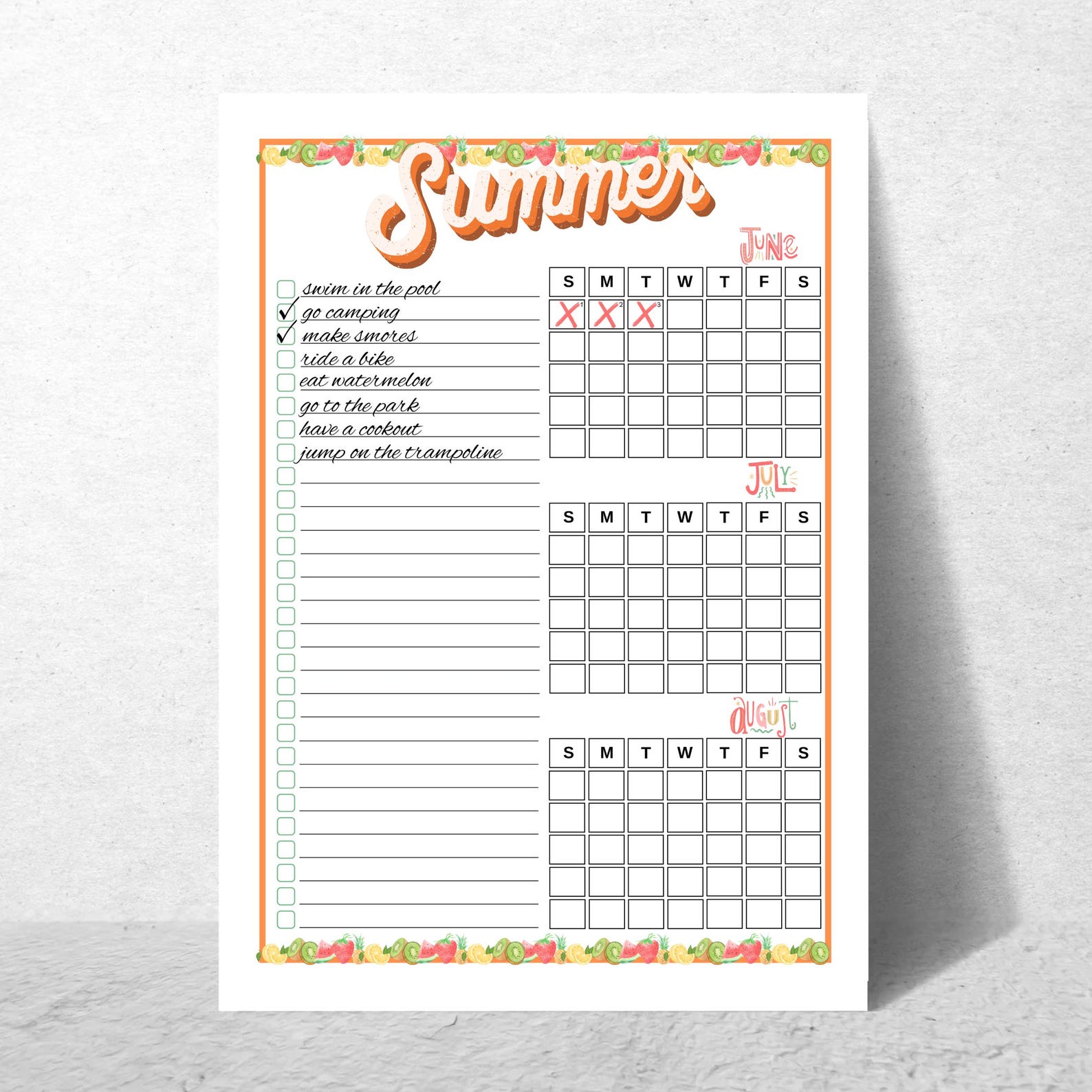 Printable Summer Calendar & Bucket List: 18x24 Family Planner (digital ...