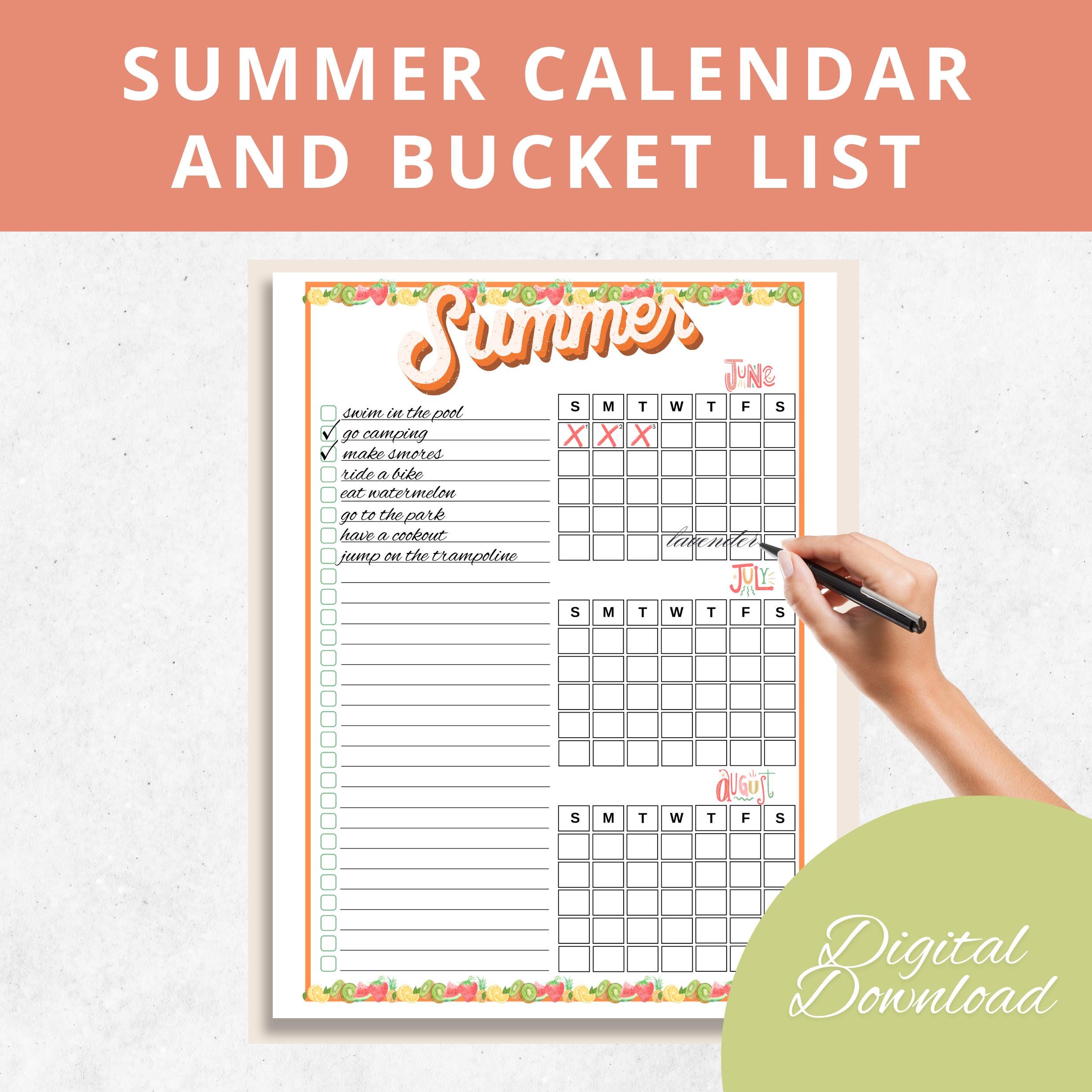 Printable Summer Calendar & Bucket List: 18x24 Family Planner (digital ...