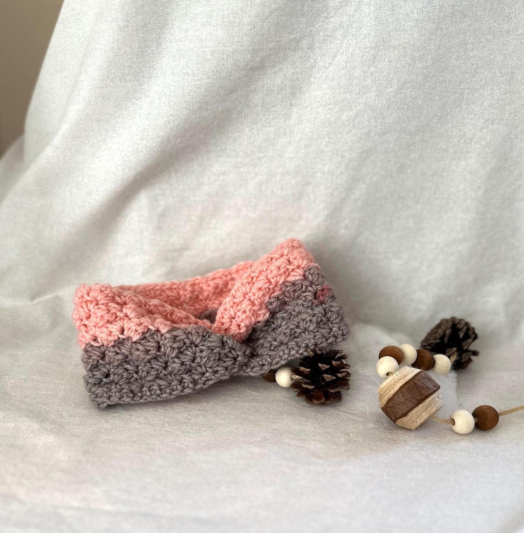 Crocheted Ear Warmer- Flexible and Warm. Pink and Grey. - Etsy