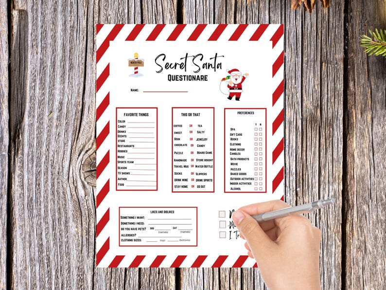 Secret Santa Questions Printable, Christmas Wish List, Co-worker Secret ...