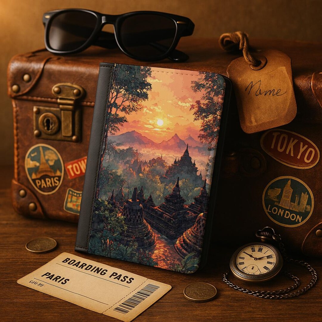 Borobudur Temple Passport Holder, Sunrise Design, Faux Leather, RFID ...