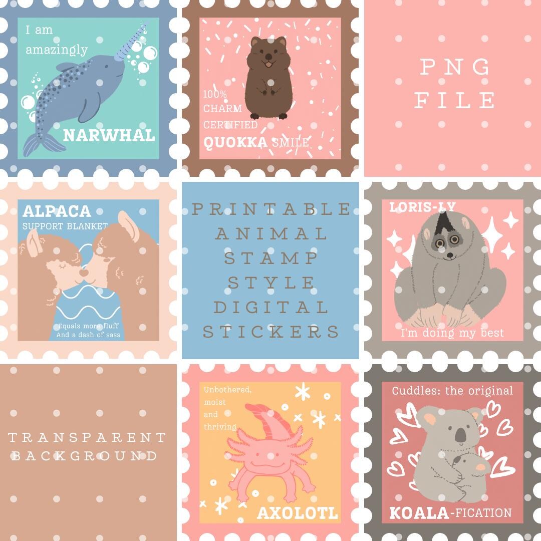 Cute & Quirky Animal Postage Stamp Stickers – 10 Adorable PNG Designs ...