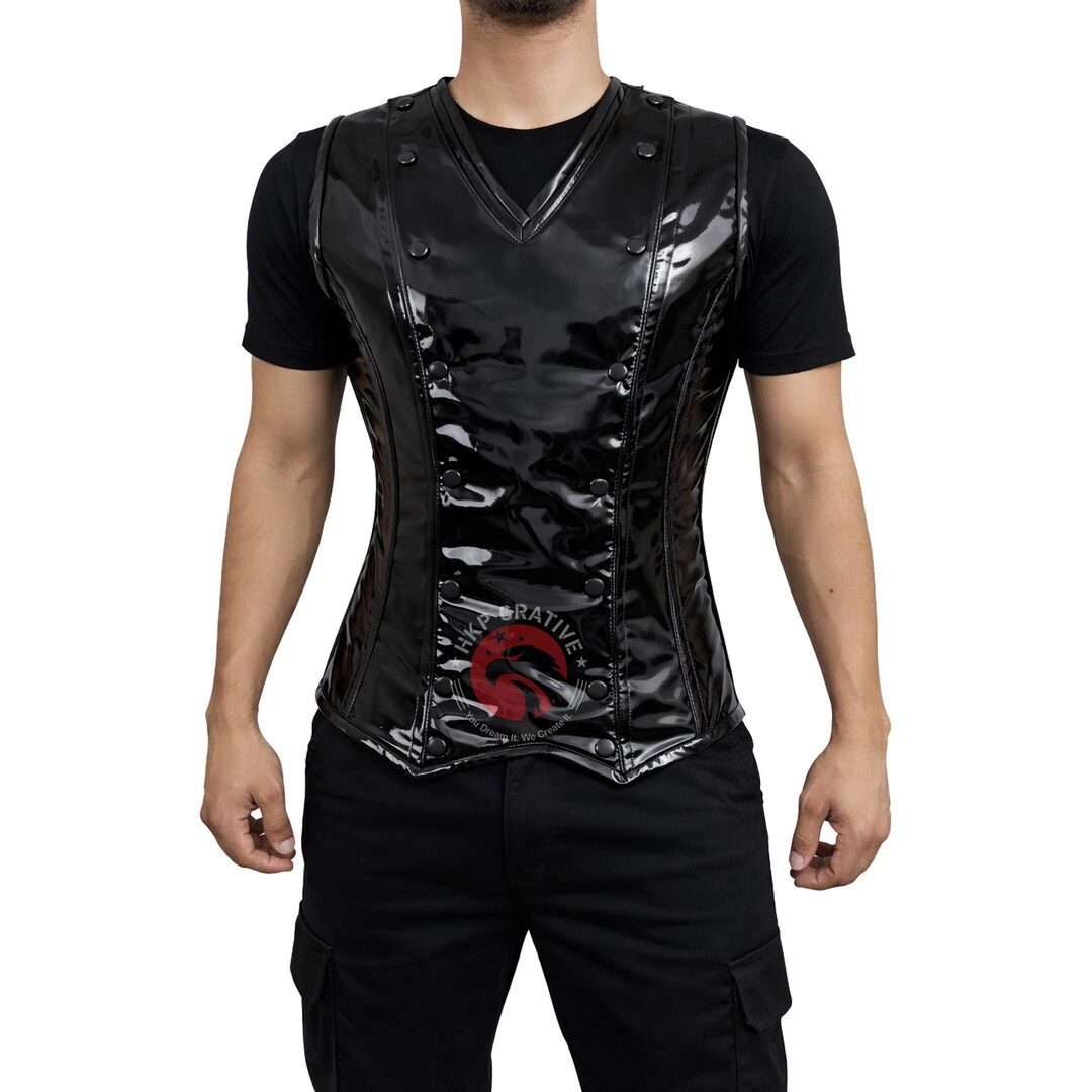 Men’s PVC Vinyl Corset Vest Steel Boned Gothic Steampunk Clubwear Waist ...