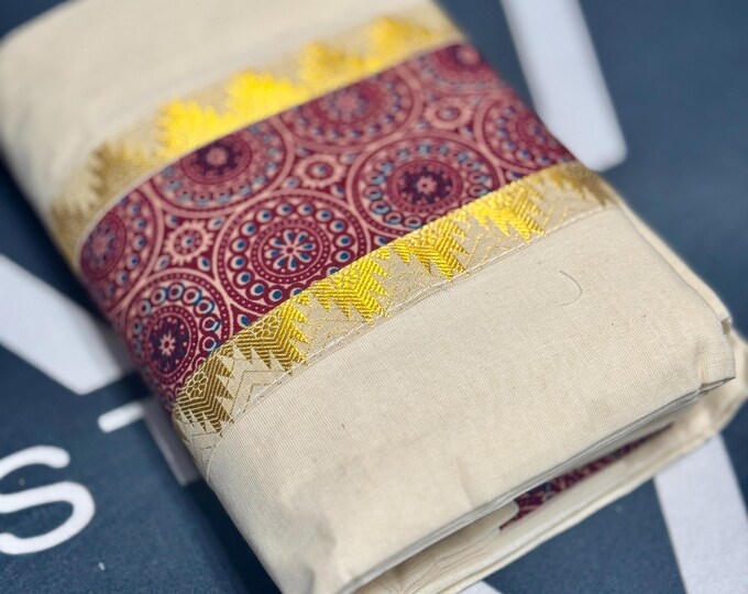Ajrakh Kasavu Set Mundu | Kerala Onam Mundu Set | Maroon Ajrakh Mund ...