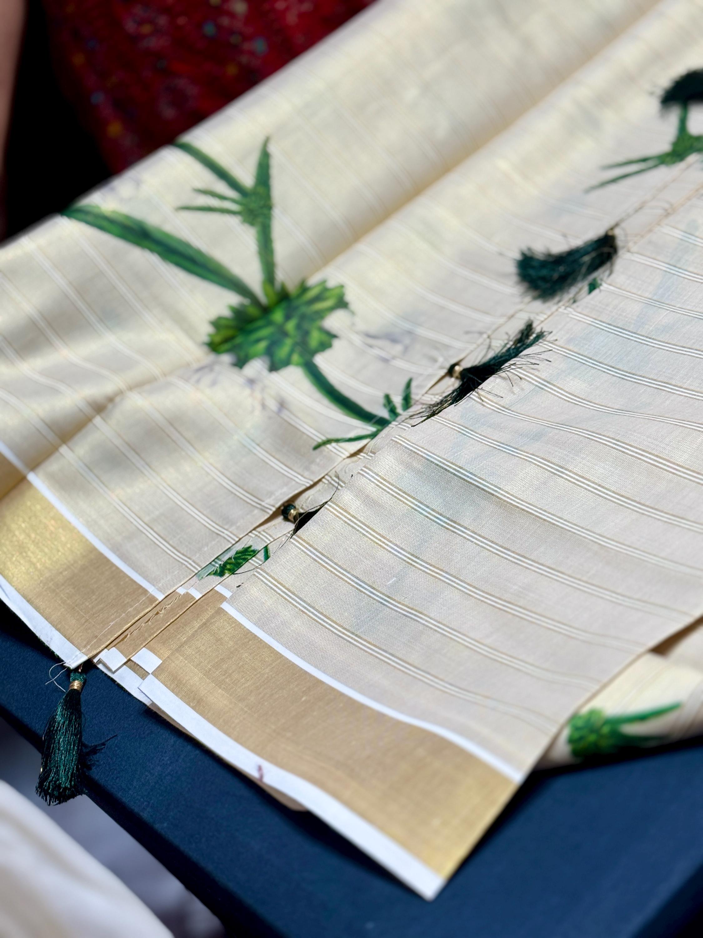 Kerala Kasavu Saree: Thumba Floral Design, Green Accents - Etsy