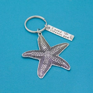 Personalized Beach Keychain: Hand Stamped Pewter Tag, Sea Charms - Etsy
