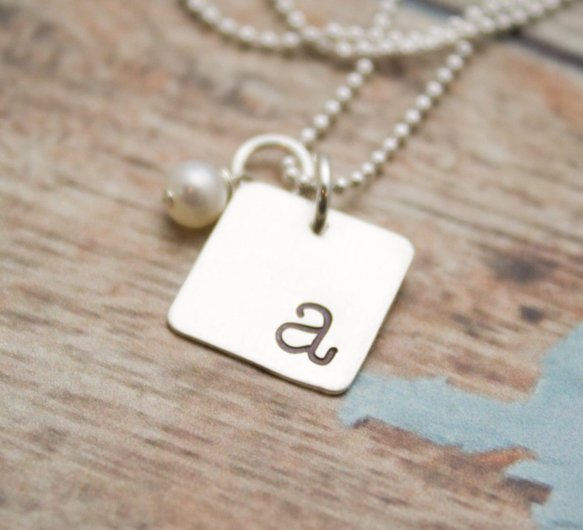 Sterling Silver Square Initial Necklace With Pearl or Birthstone ...