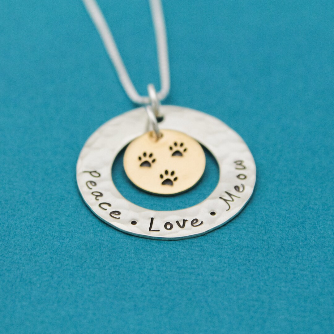 Hand Stamped Sterling Silver Peace Love Meow Necklace With Bronze Paw ...