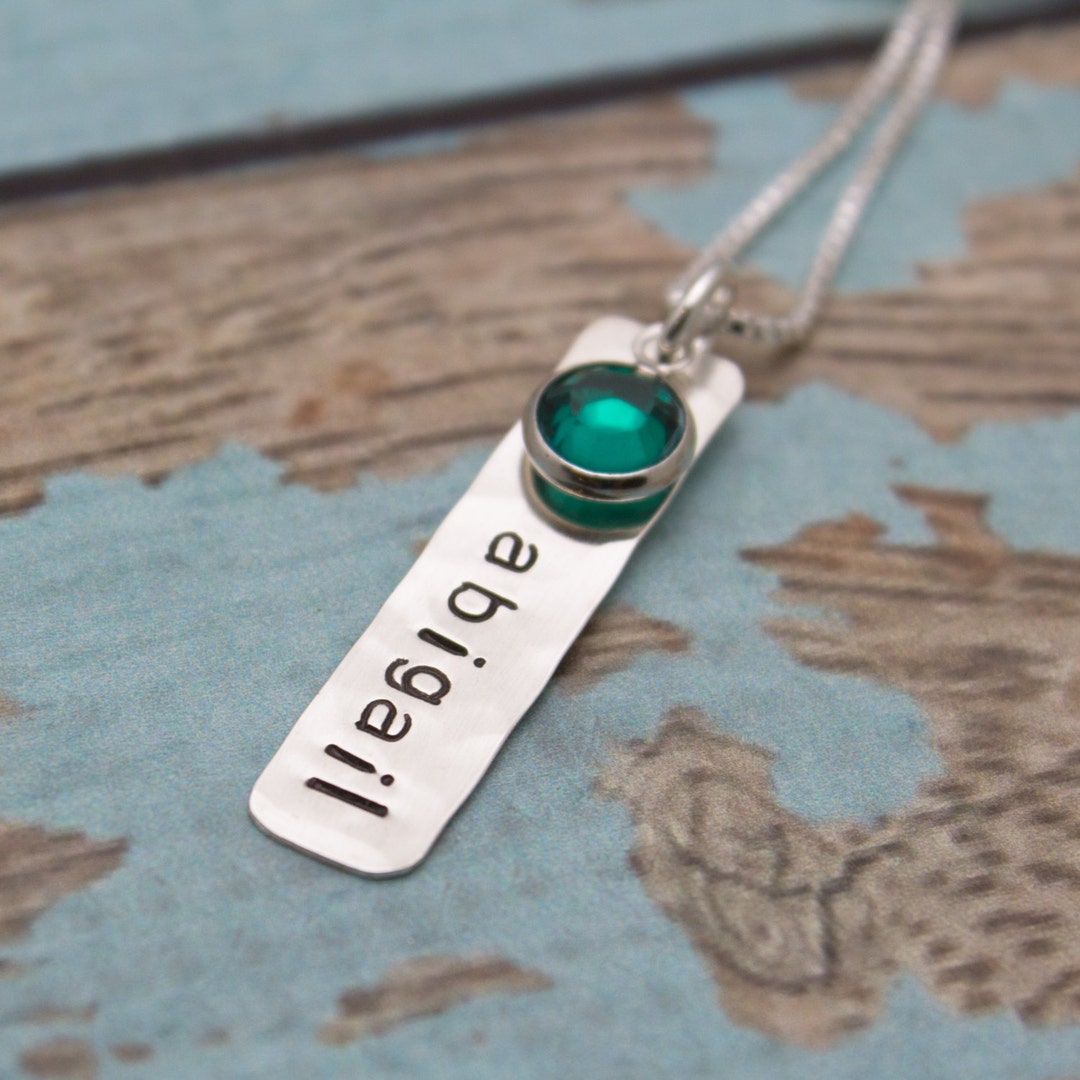 Personalized Sterlling Silver Tag Necklace With Birthstone Hand Stamped ...