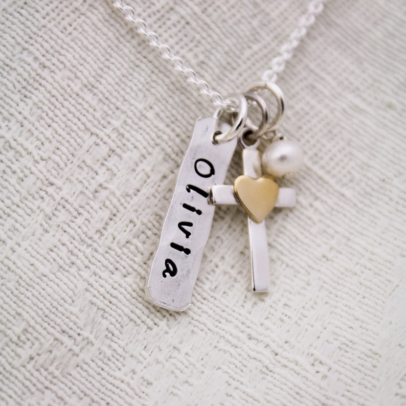 Personalized Cross Charm Necklace in Silver & Bronze | Etsy