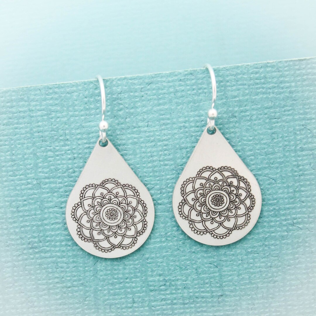 Sterling Silver Mandala Teardrop Earrings: Engraved Boho Jewelry - Etsy