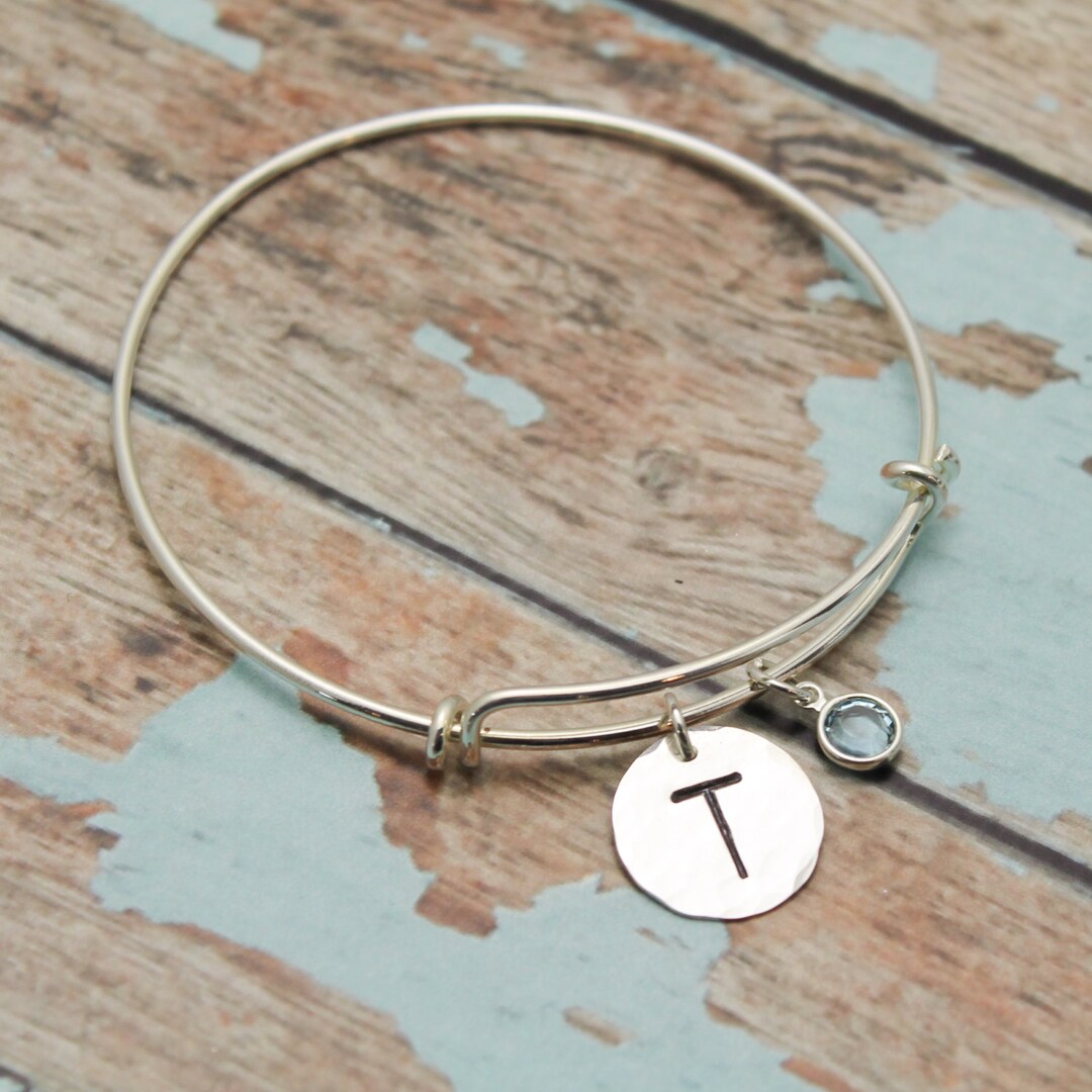 Initial and Birthstone Bangle Bracelet, Sterling Silver, Stainless ...