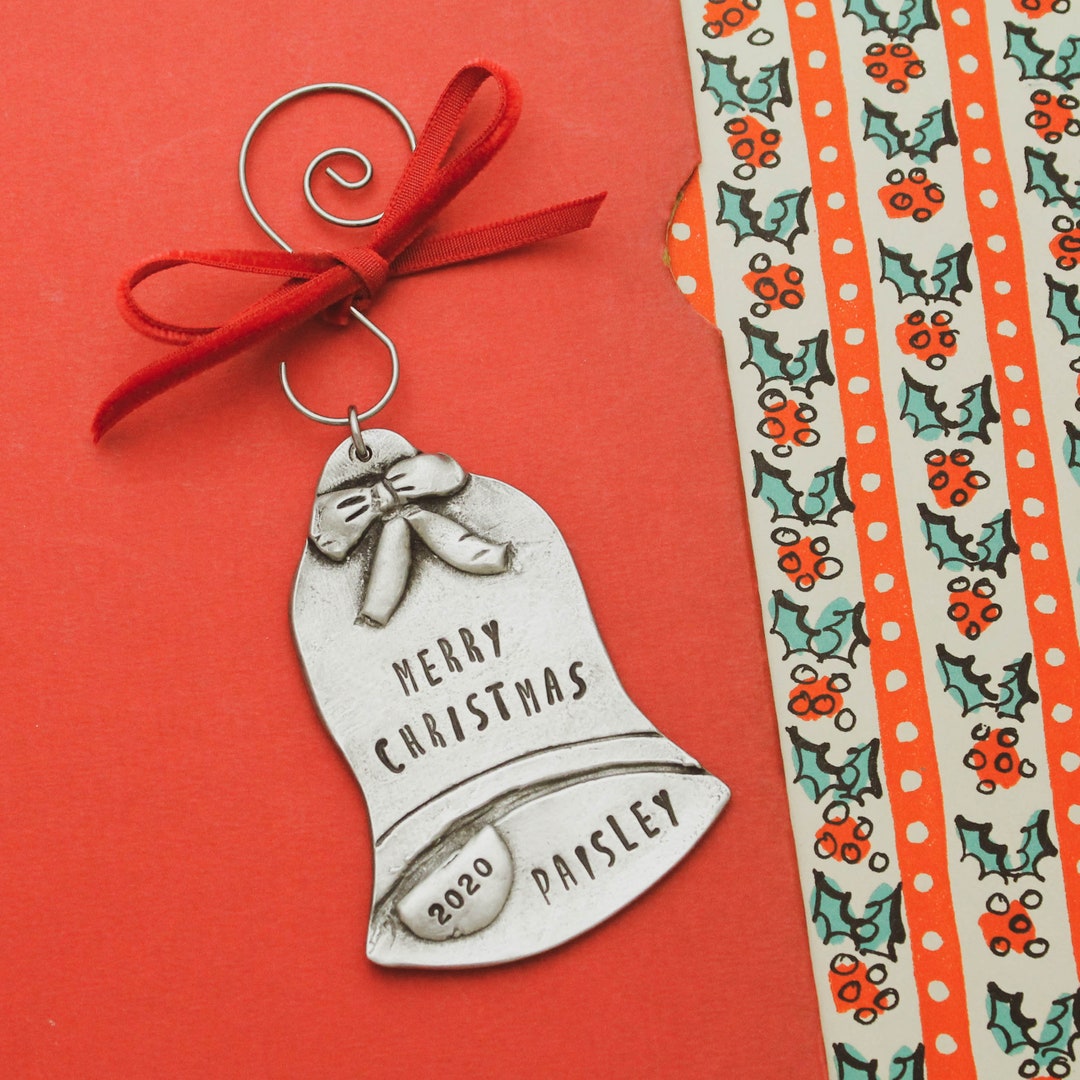 Personalized Christmas Bell Ornament: Hand Stamped Pewter, Red Ribbon ...